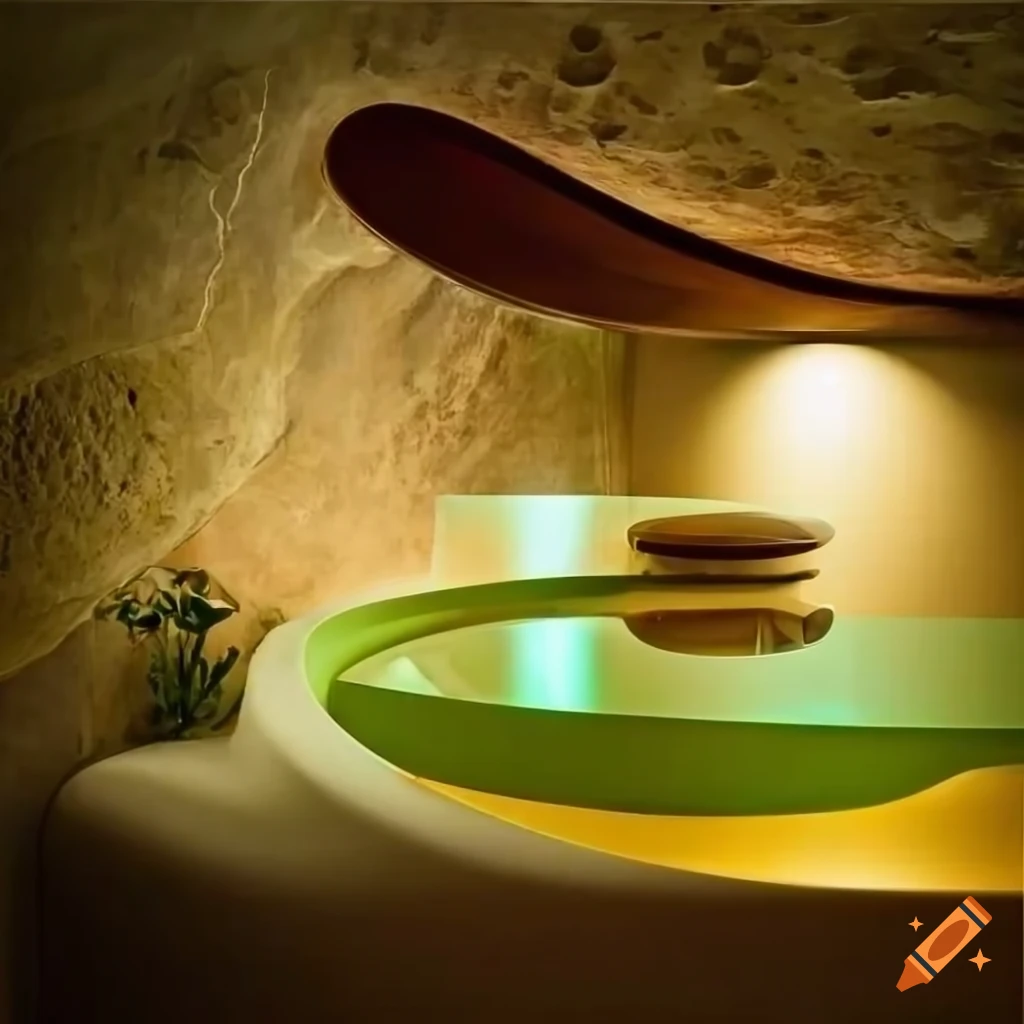 Asymmetric open plan kitchen with organic curves and retro neon lights ...