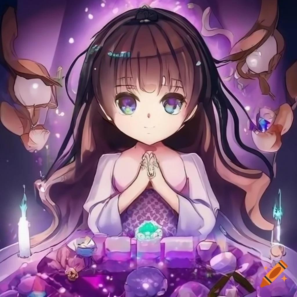 Anime chibi character praying at a crystal altar on Craiyon