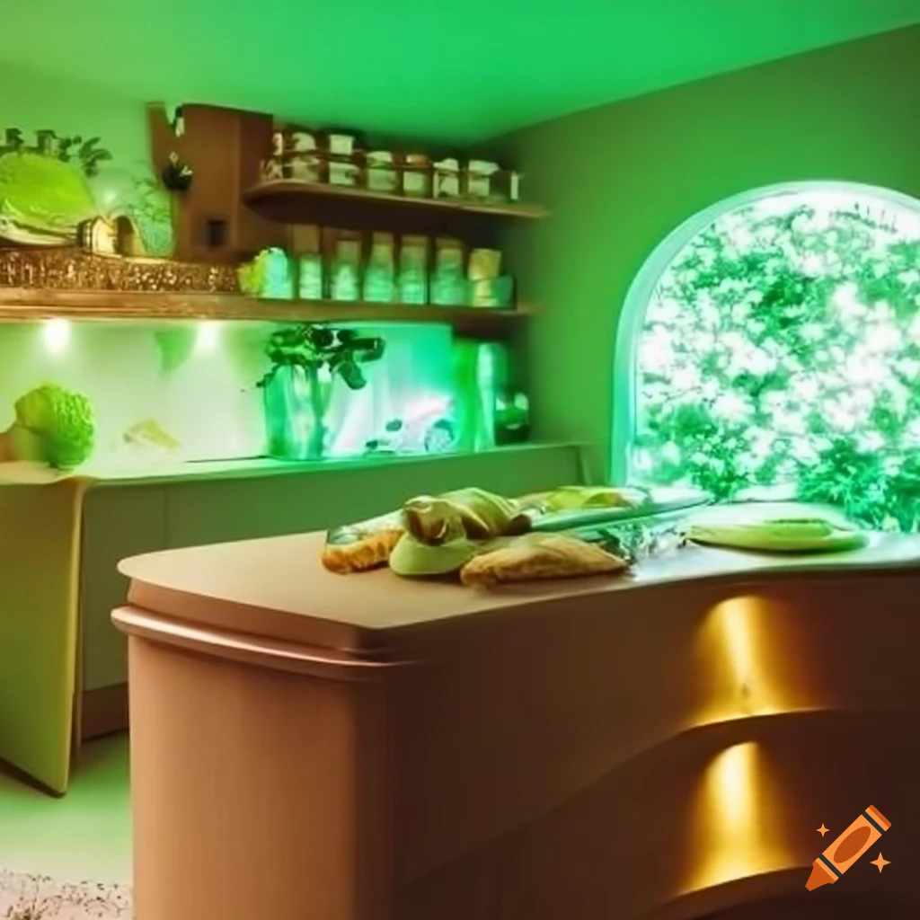 Asymmetric open plan kitchen with organic curves and retro neon lights ...