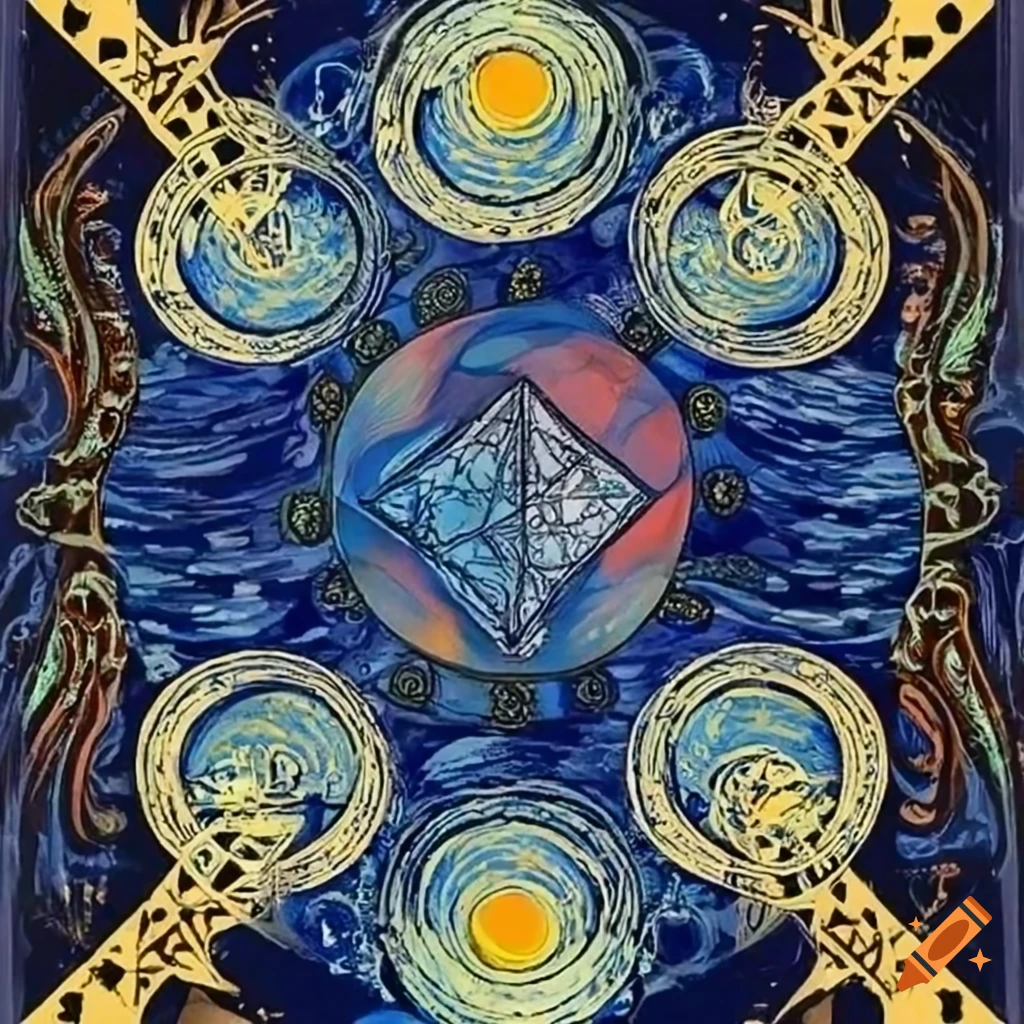 Art Nouveau tarot card 'The Six of Pentacles' in a starry night setting ...