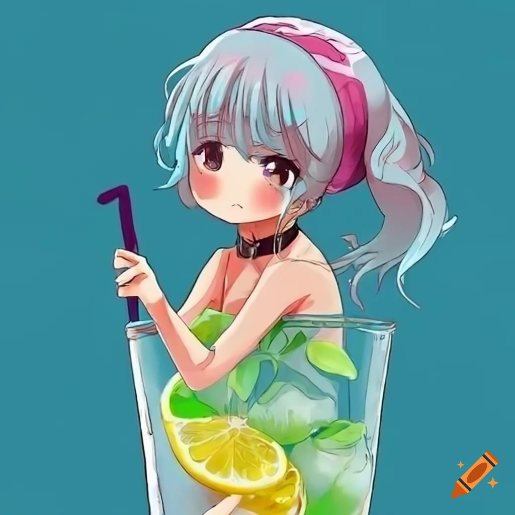 Anime chibi swimming in a glass of lemonade on Craiyon