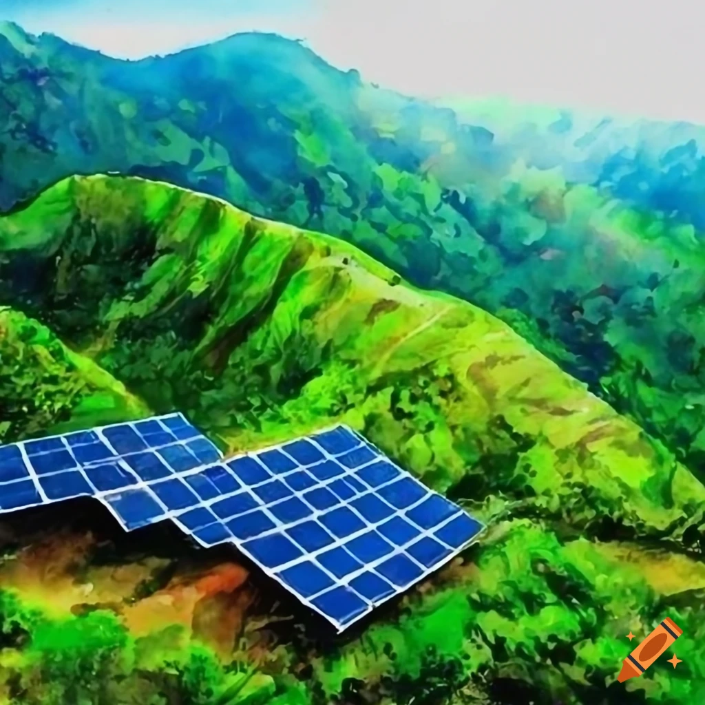 Watercolor painting of solar panels on green hillsides in Mizoram ...
