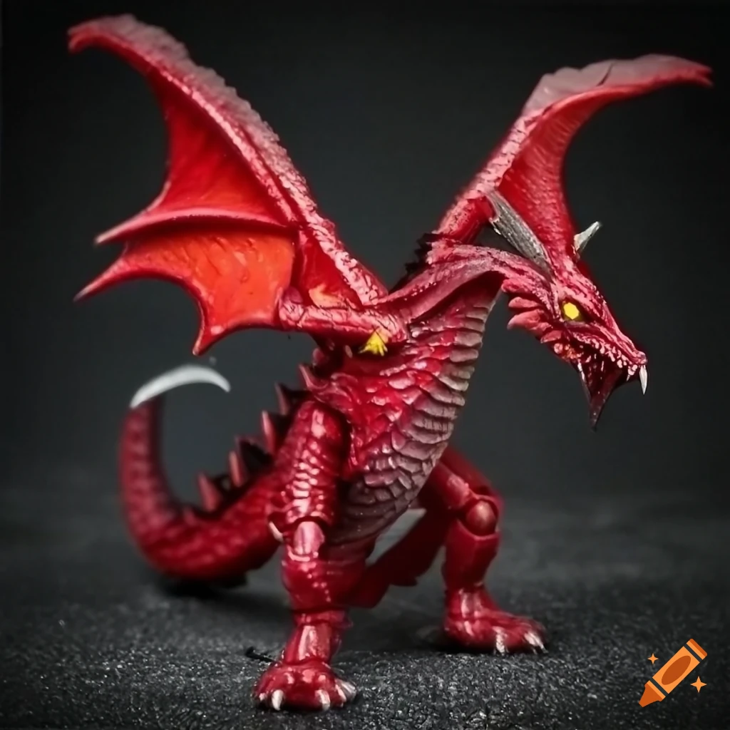 Red dragon action figure spitting fire with pulp fantasy design on Craiyon