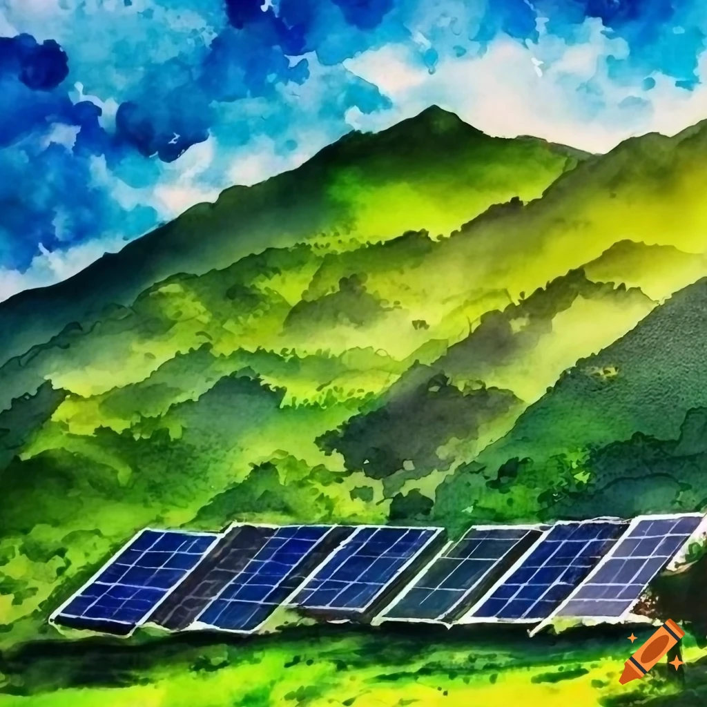 Watercolor painting of solar panels on green hillsides in mizoram ...