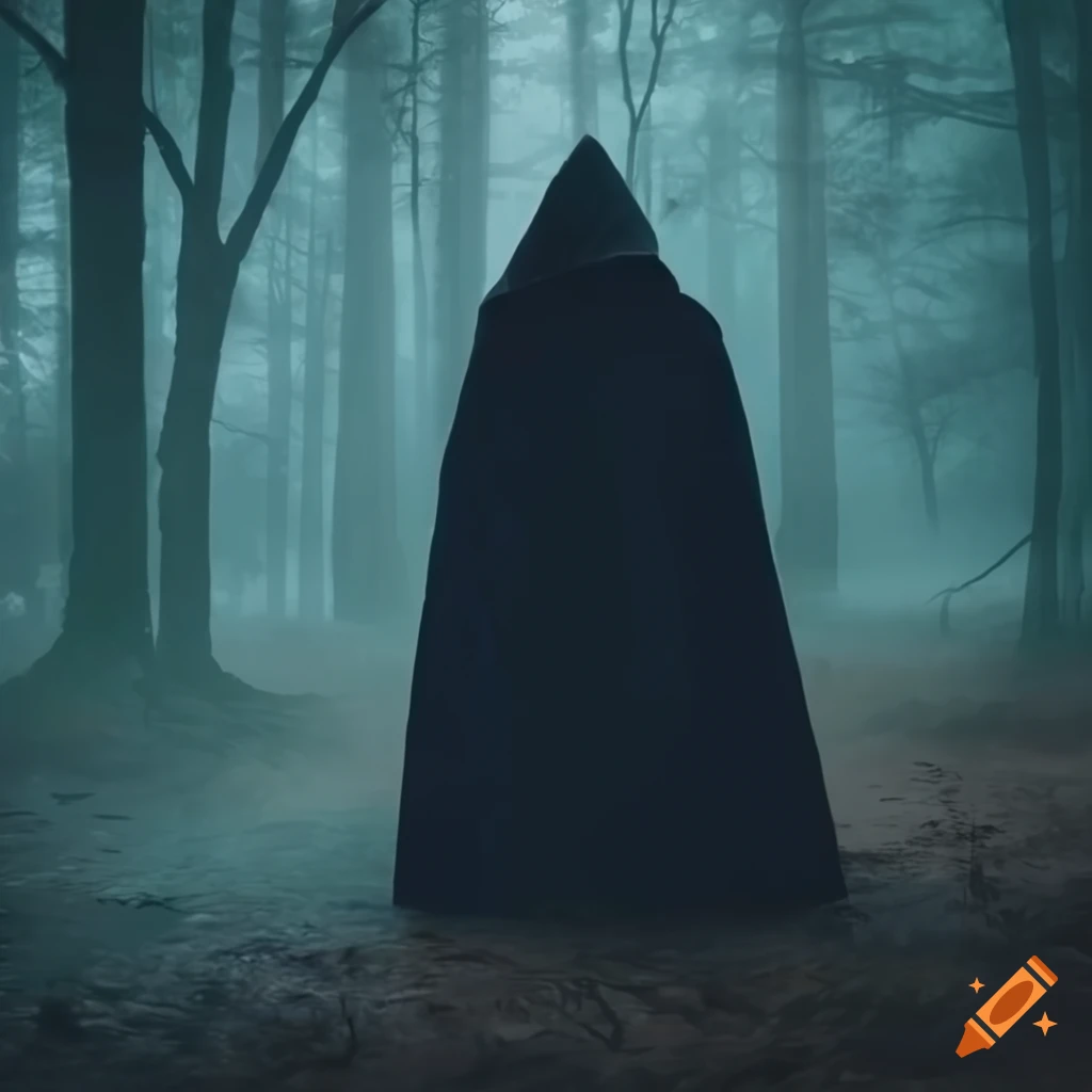 Enigmatic figure in hooded cloak in misty forest on Craiyon