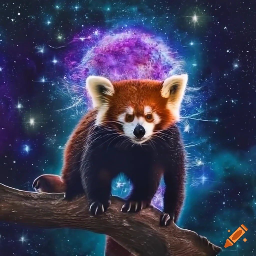 Red panda surrounded by celestial bodies and cosmic background on Craiyon