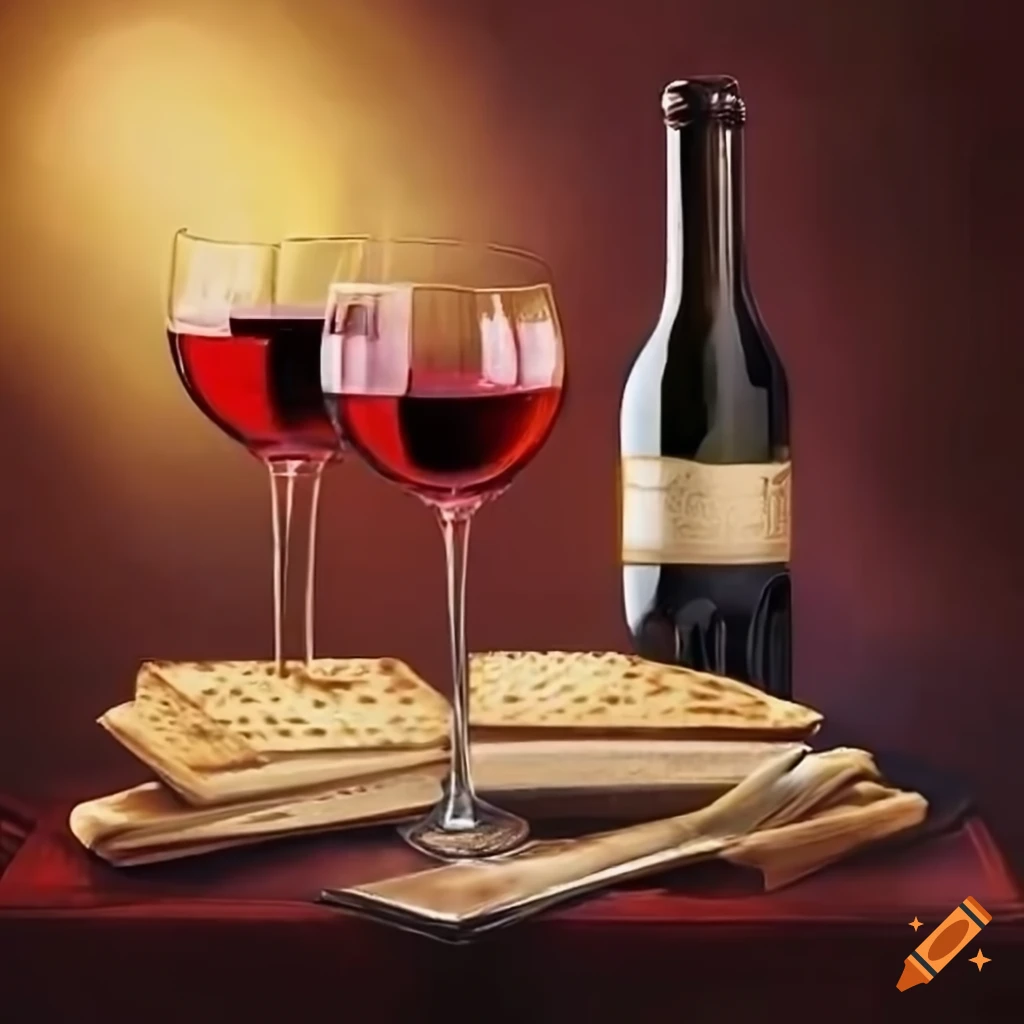 Jewish passover scene with matzohs, red wine, haggadah, seder plate on ...