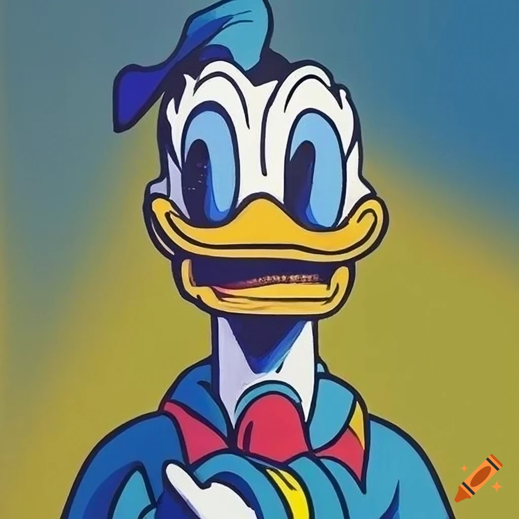 Pop art print of donald duck in blue, yellow, and white on Craiyon