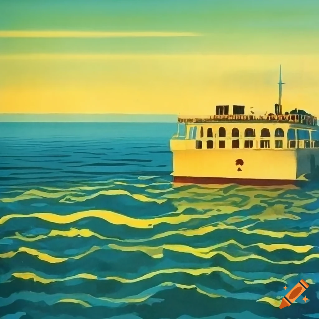 Vintage travel poster 60s illustration of a ferry boat scene with ...