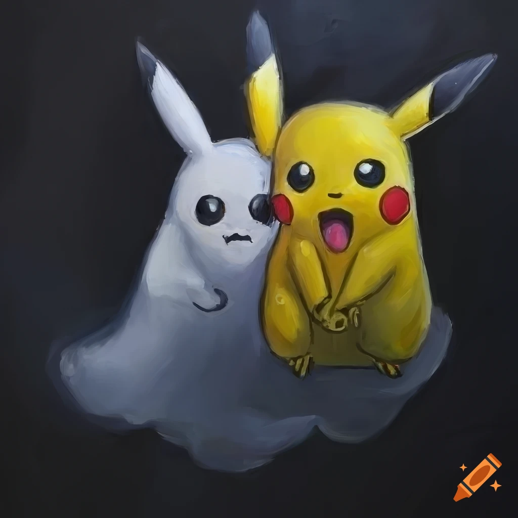 Pikachu as a white ghost in moody oil painting on a black background on ...