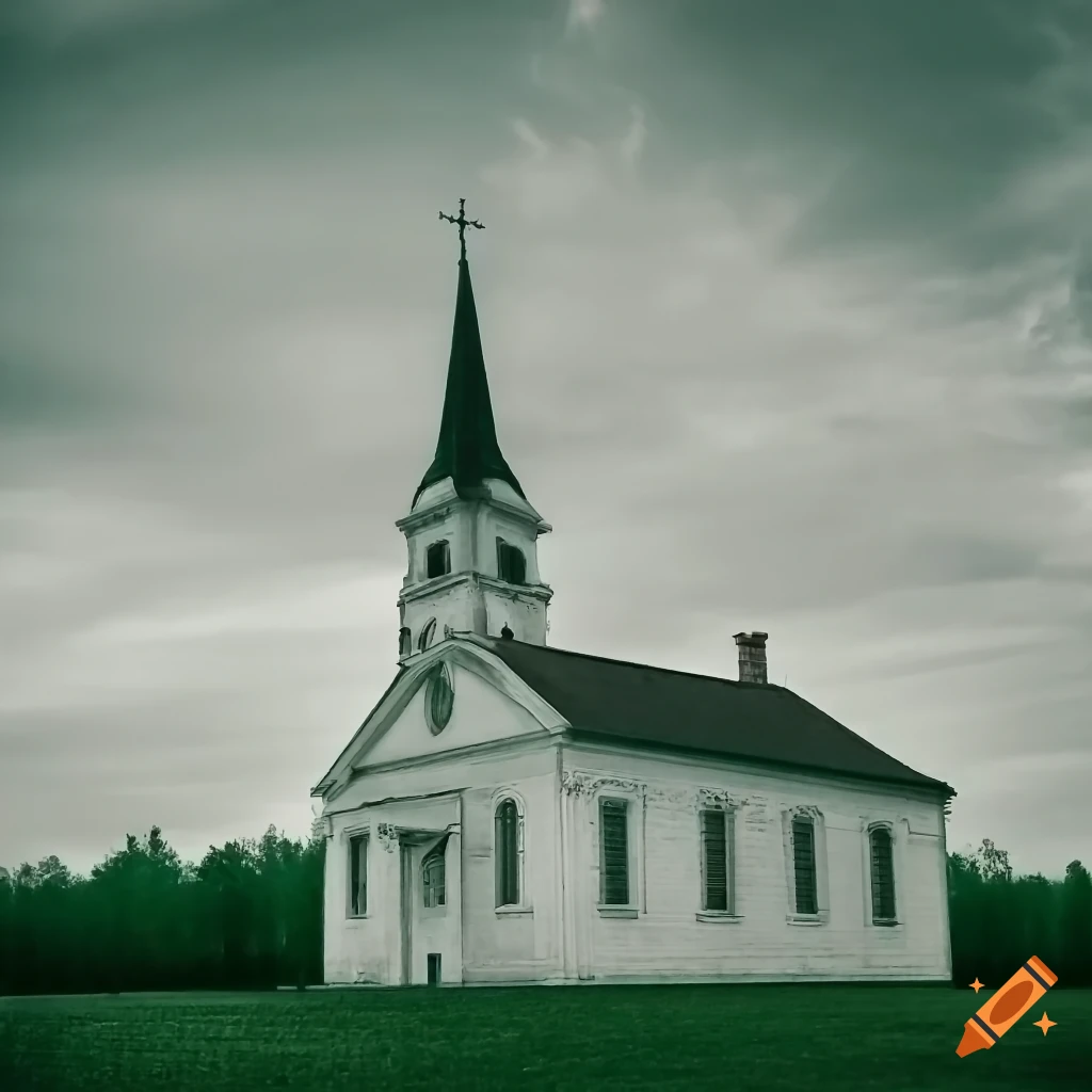 White church in a sunny field with a couple of trees, dreamcore and ...