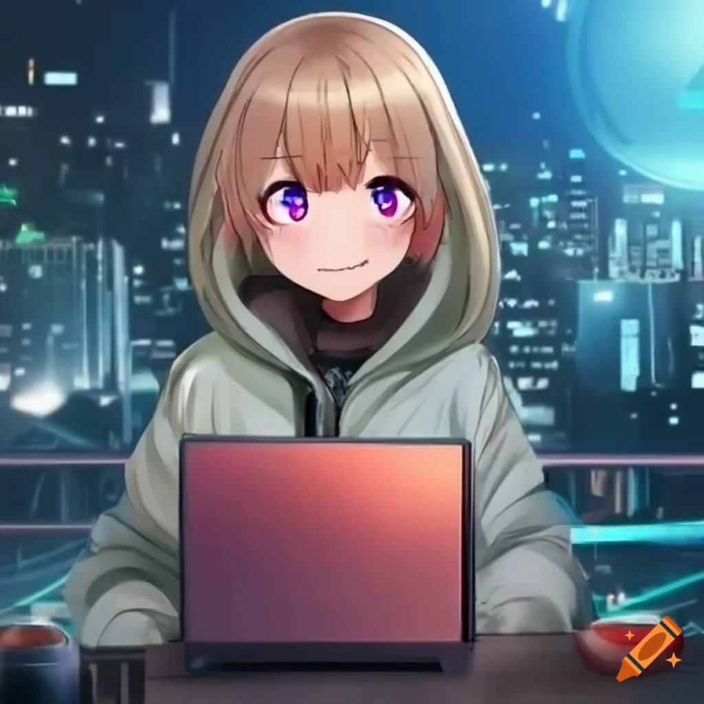 Attractive computer hacker waifu ready for a heist in the city on Craiyon