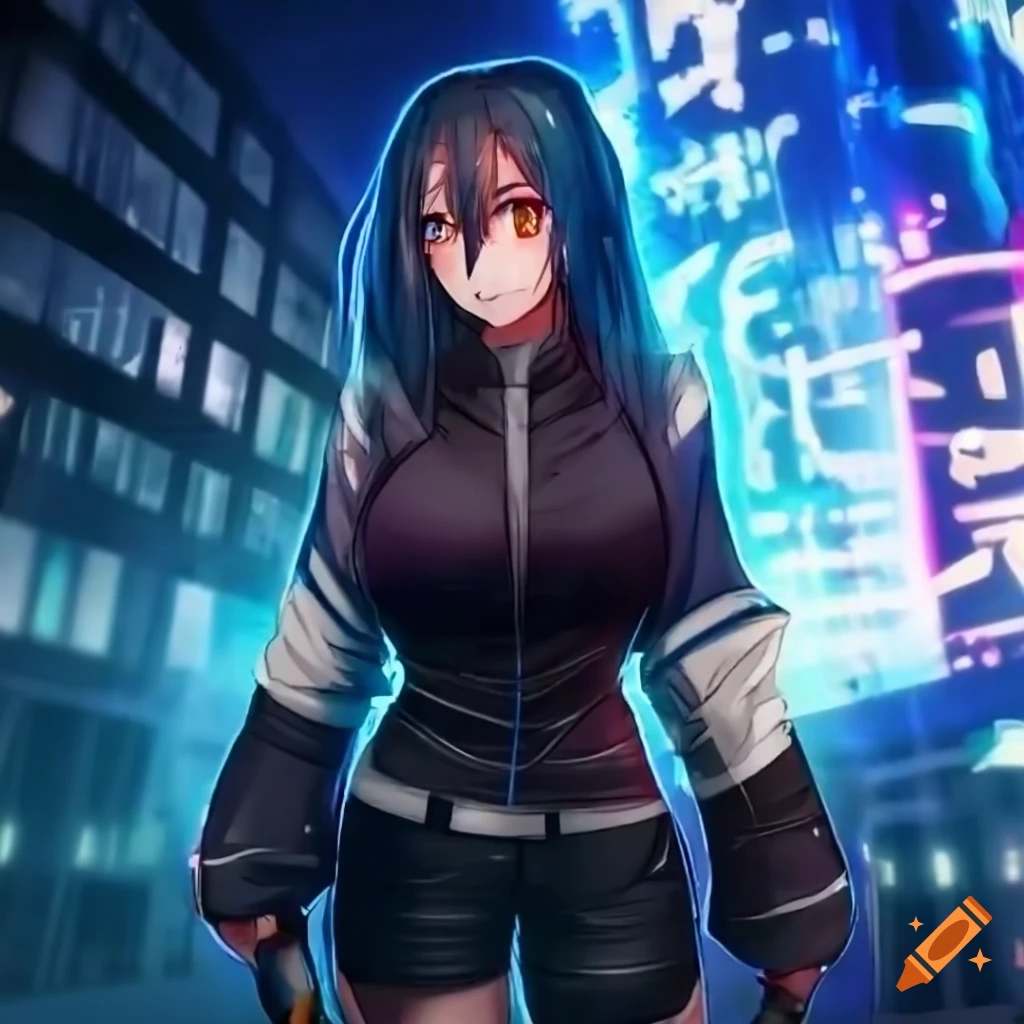 Attractive computer hacker waifu ready for a heist in the city on Craiyon