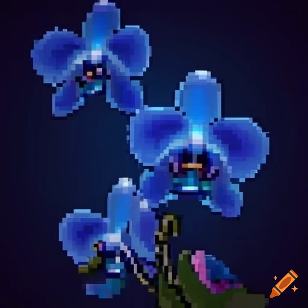 Pixel art of vibrant blue orchid in full bloom on Craiyon