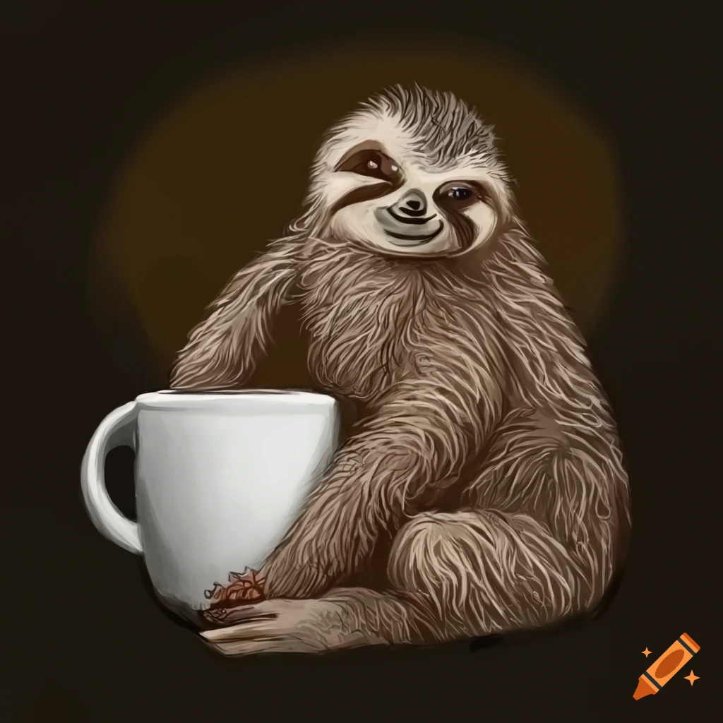 Sleepy sloth sipping from a giant mug in a charming illustration on Craiyon