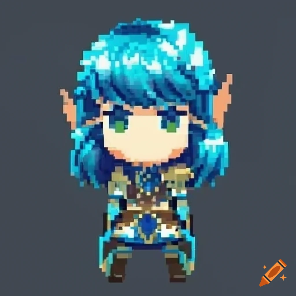 Chibi pixel art portrait of a 30-year-old demi-elf with blue hair in a ...