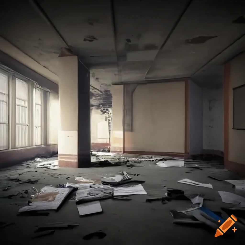 Abandoned office room with papers and boxes on Craiyon
