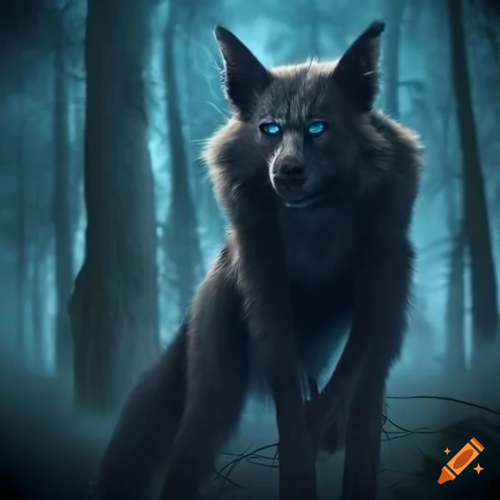Female lycan with black fur and blue eyes growling in a forest at night ...