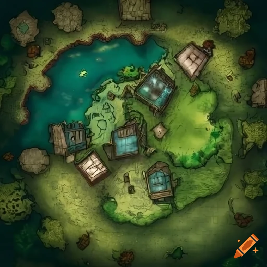 Top down view of a D&D battle map of a small village in a magical forest on Craiyon