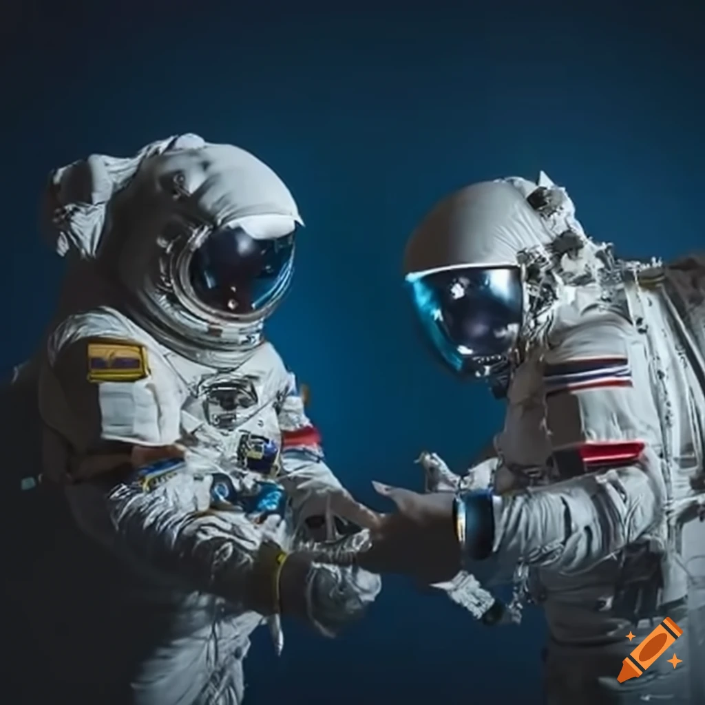 Symbolic gesture of unity among astronauts in space on Craiyon