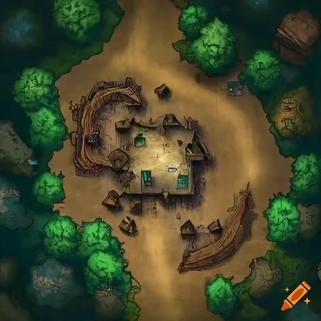 Top down view of a D&D battle map of a small village in a magical forest on Craiyon