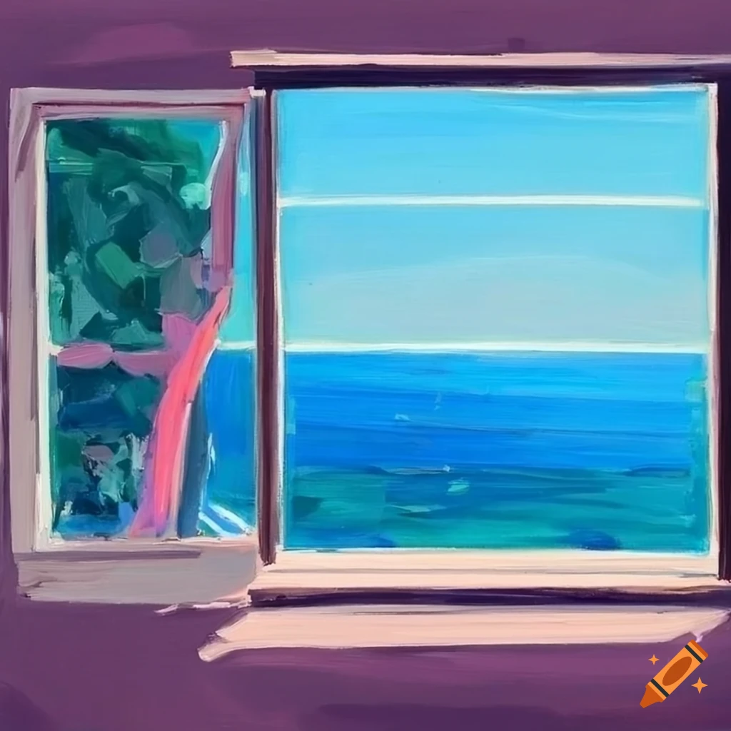 Abstract oil painting of Mediterranean coast viewed through a window in ...