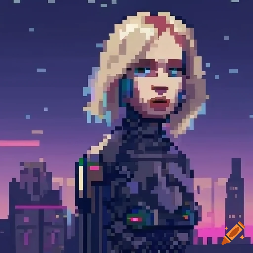 Pixel art portrait of a Russian android cyborg girl on top of a ...