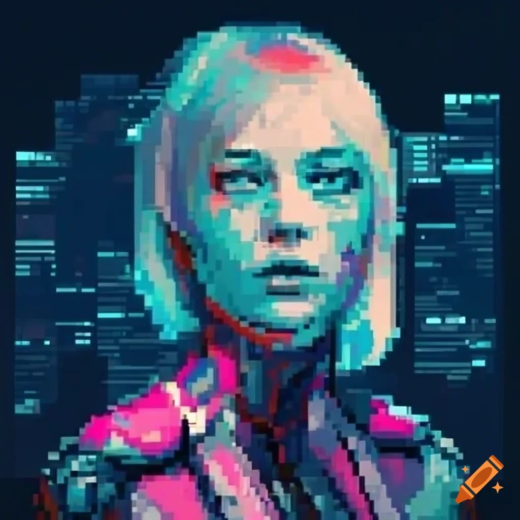 Pixel art portrait of a Russian android cyborg girl on a cyberpunk ...