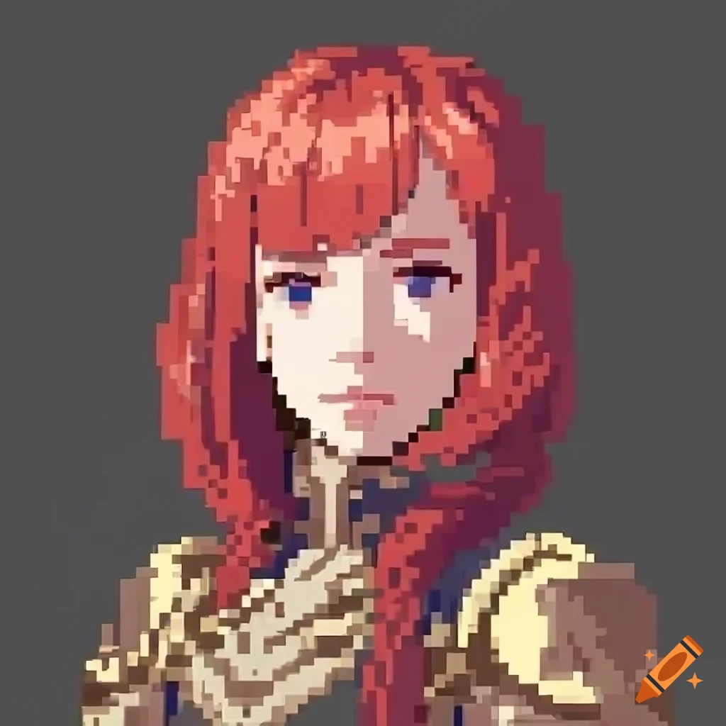 Pixel portrait of a red-haired anime girl with a seductive smirk on Craiyon