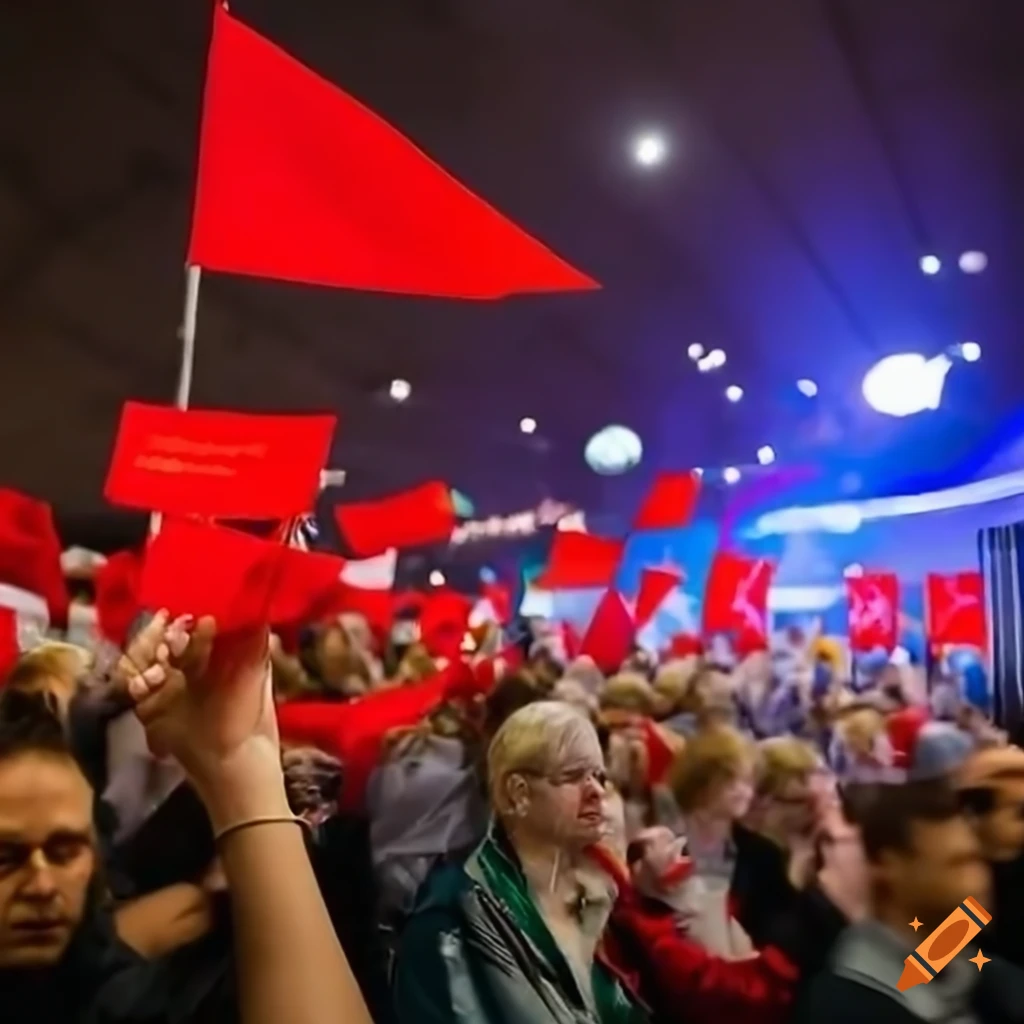 Election rally with people holding red flags watching exit polls on a ...
