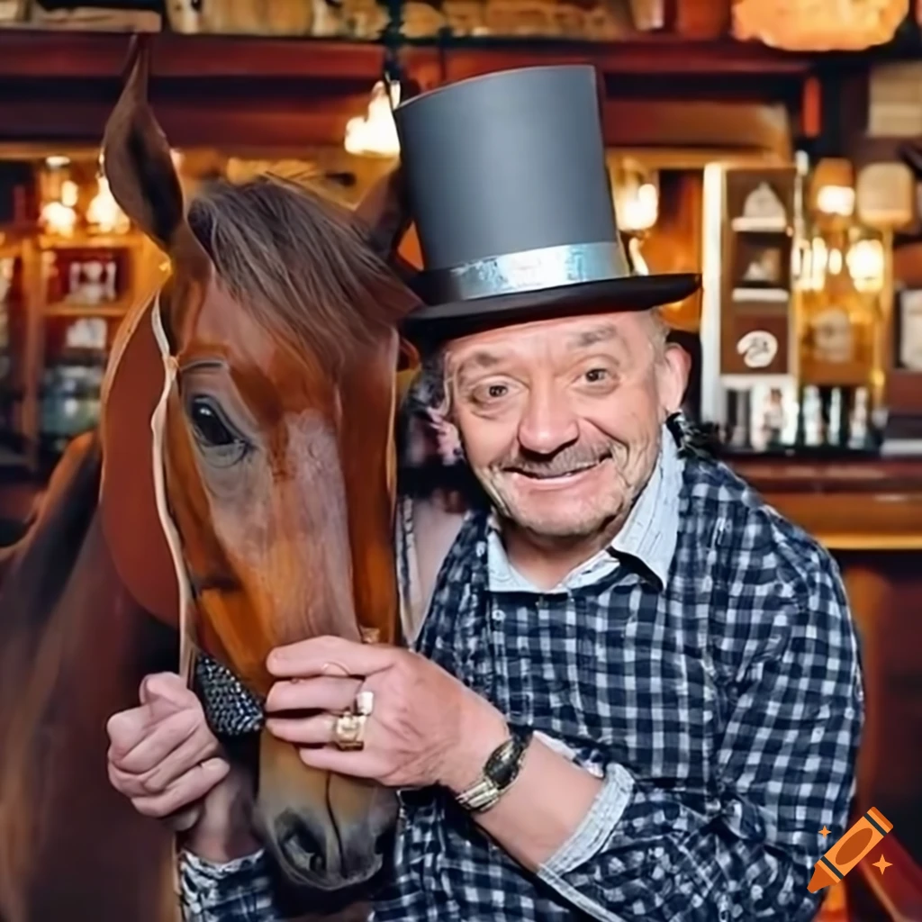 British comedian Bob Mortimer with a horse laugh top hat in a pub on ...