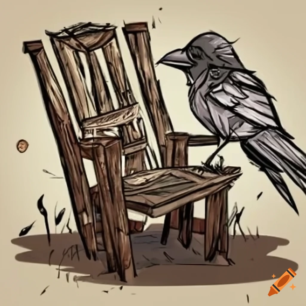 Crow perched on an old wooden chair in a whimsical setting on Craiyon