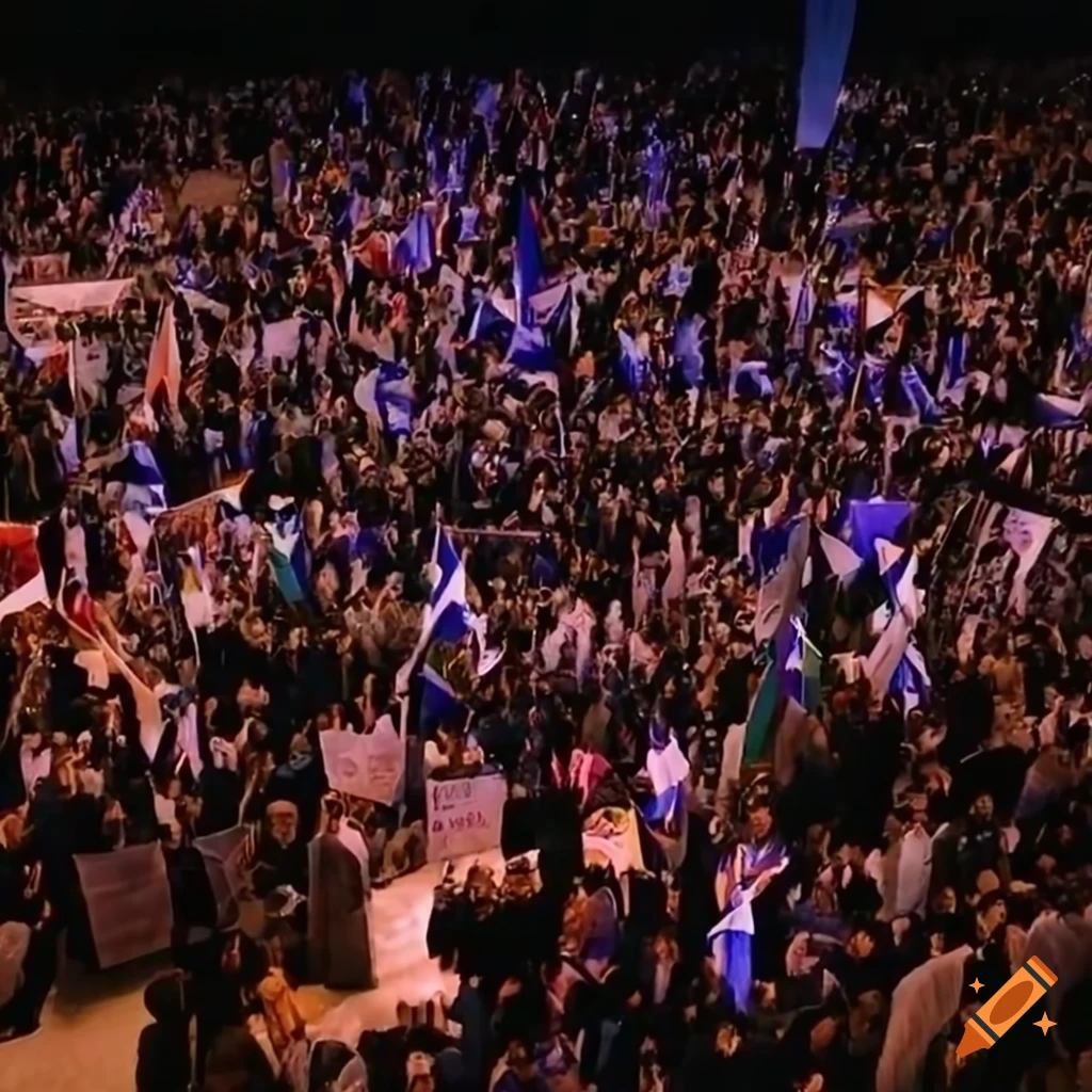 Bird's eye view of an election rally in jerusalem with people holding ...