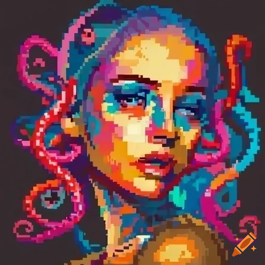 Girl face to face with an octopus in detailed pixel art on Craiyon
