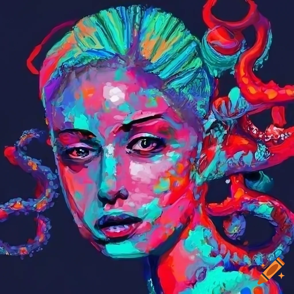 Woman with an octopus in a psychedelic night scene on Craiyon