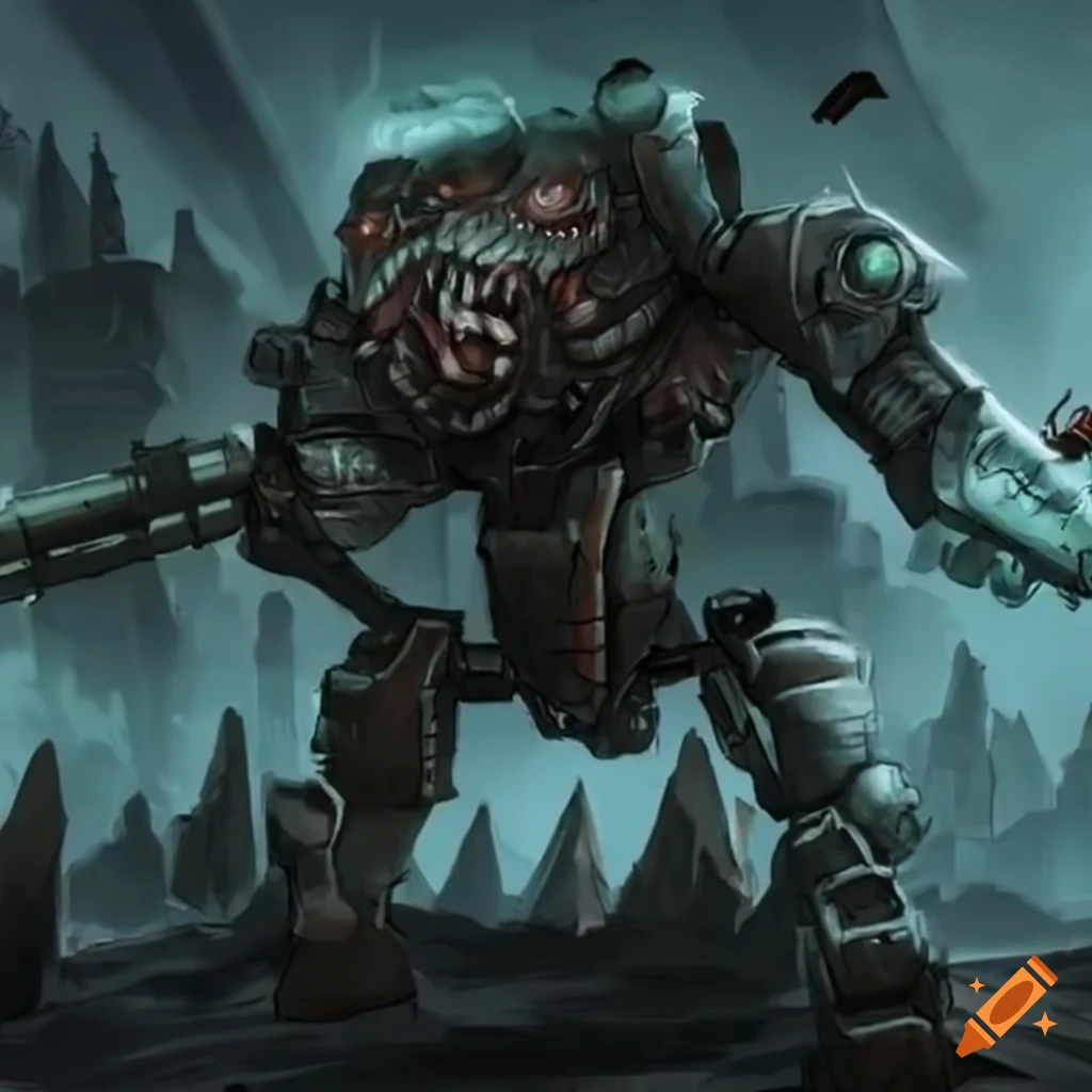 Eldritch nuclear-equipped mech with bone, flesh, and iron components on ...