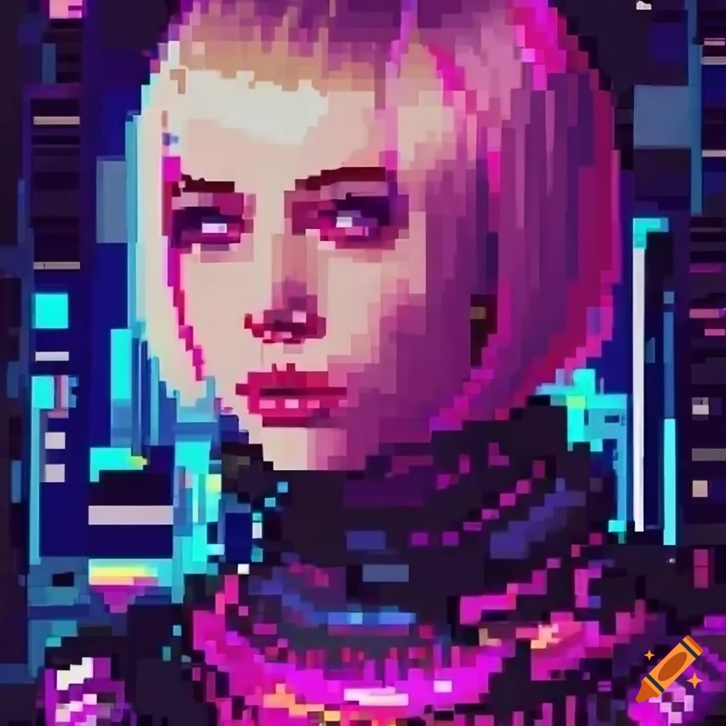 Pixel art portrait of a Russian android cyborg girl on a cyberpunk ...