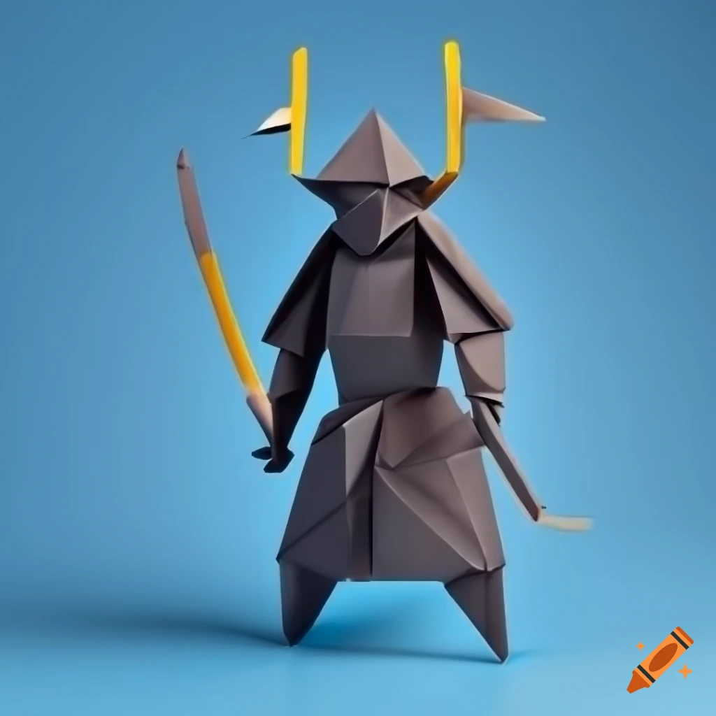 Origami high poly samurai on blue background on Craiyon