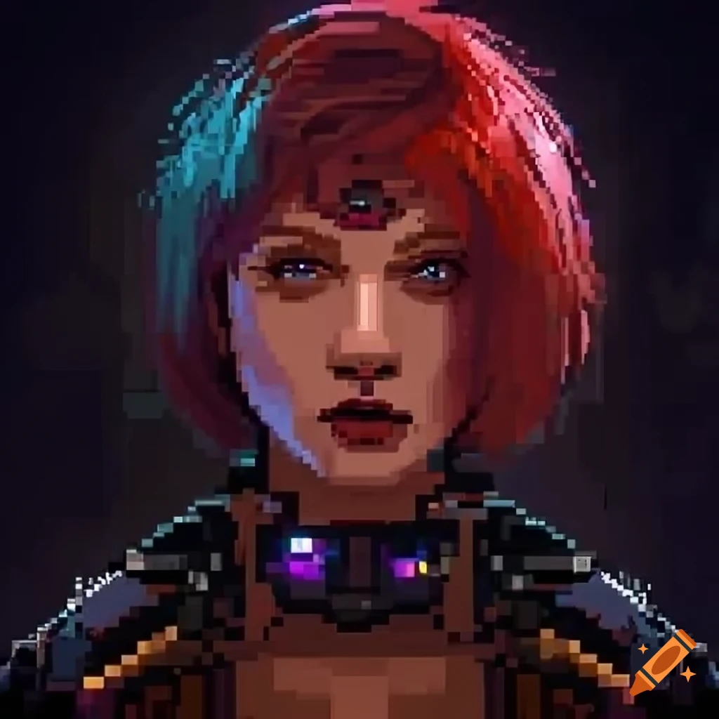 Pixel art of an irish android cyborg girl on a cyberpunk skyscraper ...