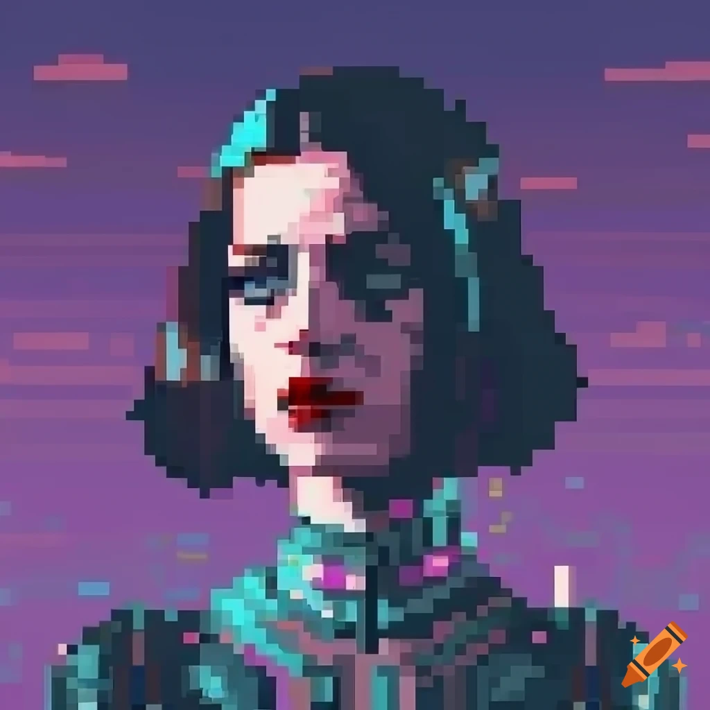 Pixel art portrait of a 1930s French retro android cyborg girl on a ...