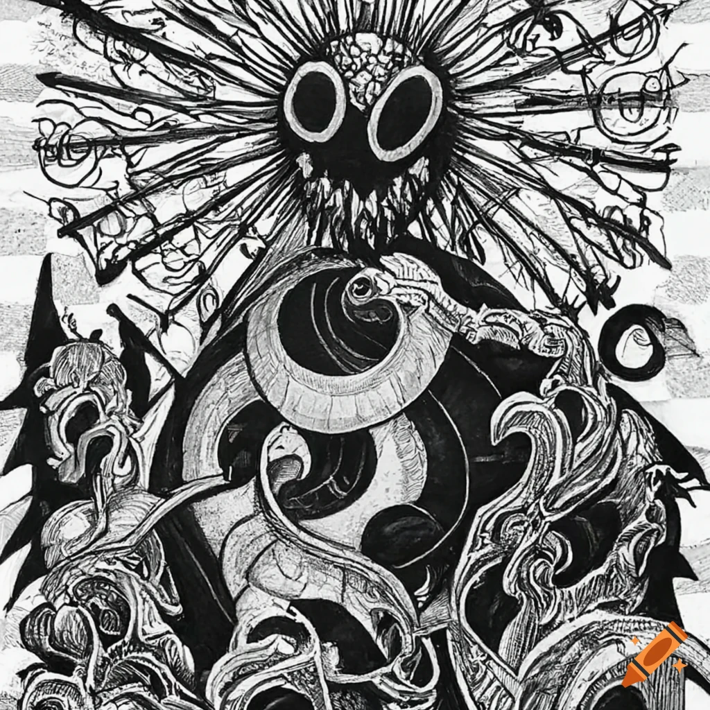 Black and white ink drawing of a strange entity on Craiyon