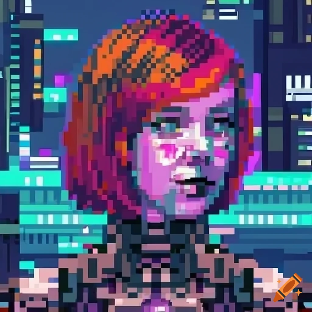 Pixel art portrait of an Irish android cyborg woman on a cyberpunk ...