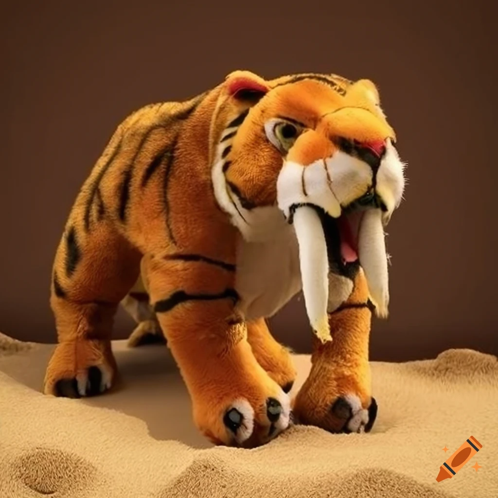 Intricately detailed saber-toothed tiger plush on a sandy beach on Craiyon