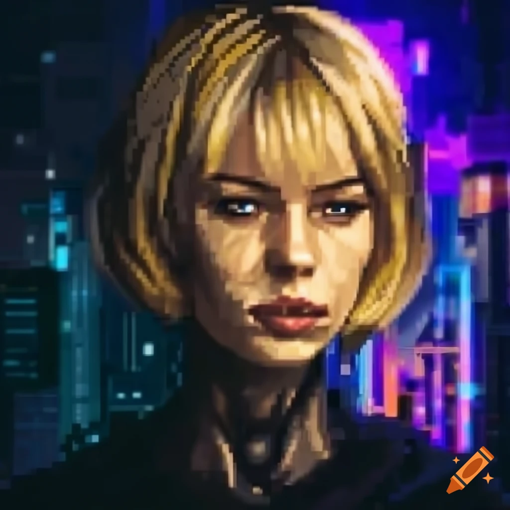 Pixelart portrait of a russian android cyborg girl at the top of a ...