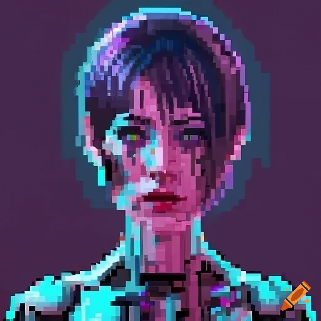 Pixel art portrait of a romanian android cyborg woman on a cyberpunk ...