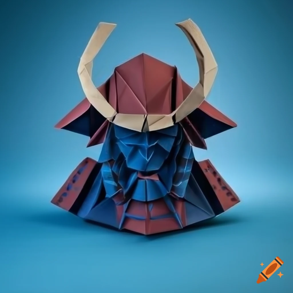 Origami high poly samurai head on blue background on Craiyon