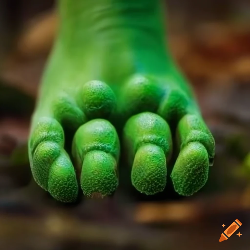 Close up of detailed view of creeper's big green feet on Craiyon