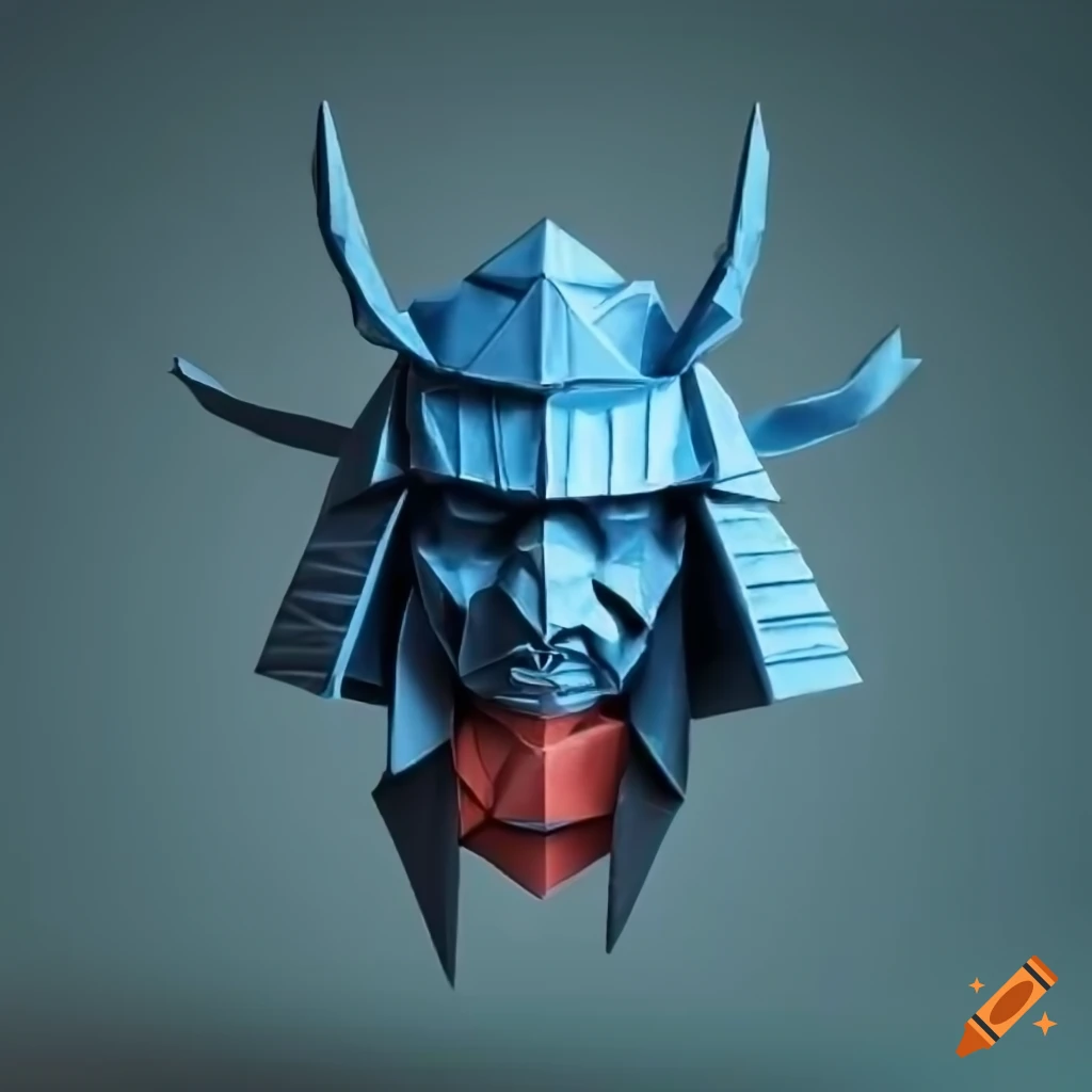 High poly origami samurai head on blue wood background on Craiyon