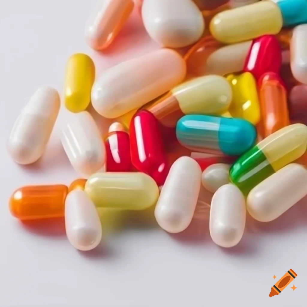 Colorful vitamins in capsules on a white background on Craiyon