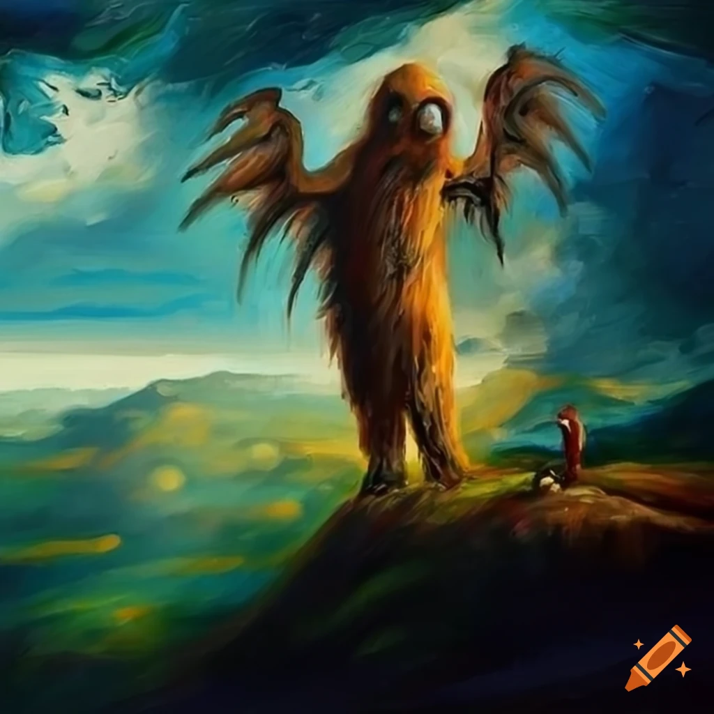 Expertly painted wide angle view of a monster on top of a hill on Craiyon